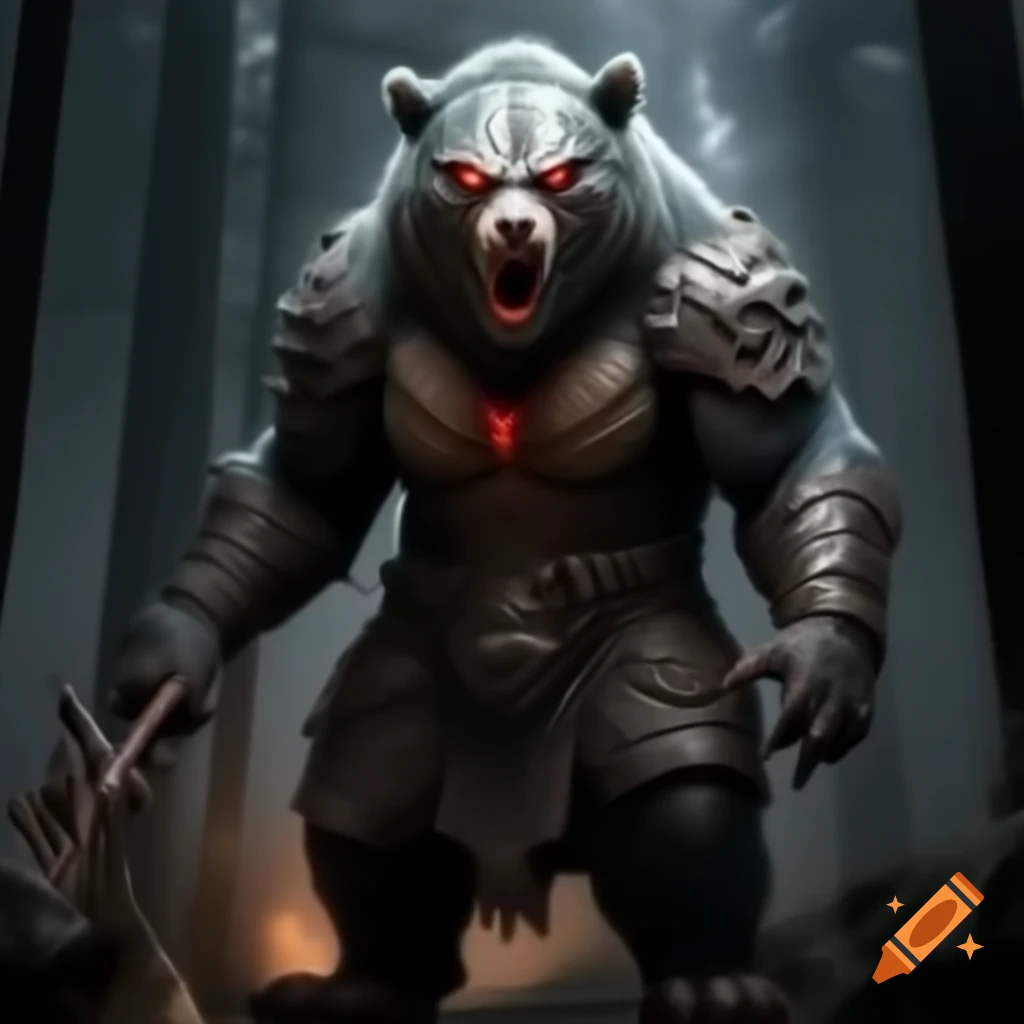 Fierce Bear Gui with glowing red eyes in misty forest facing Wukong ...