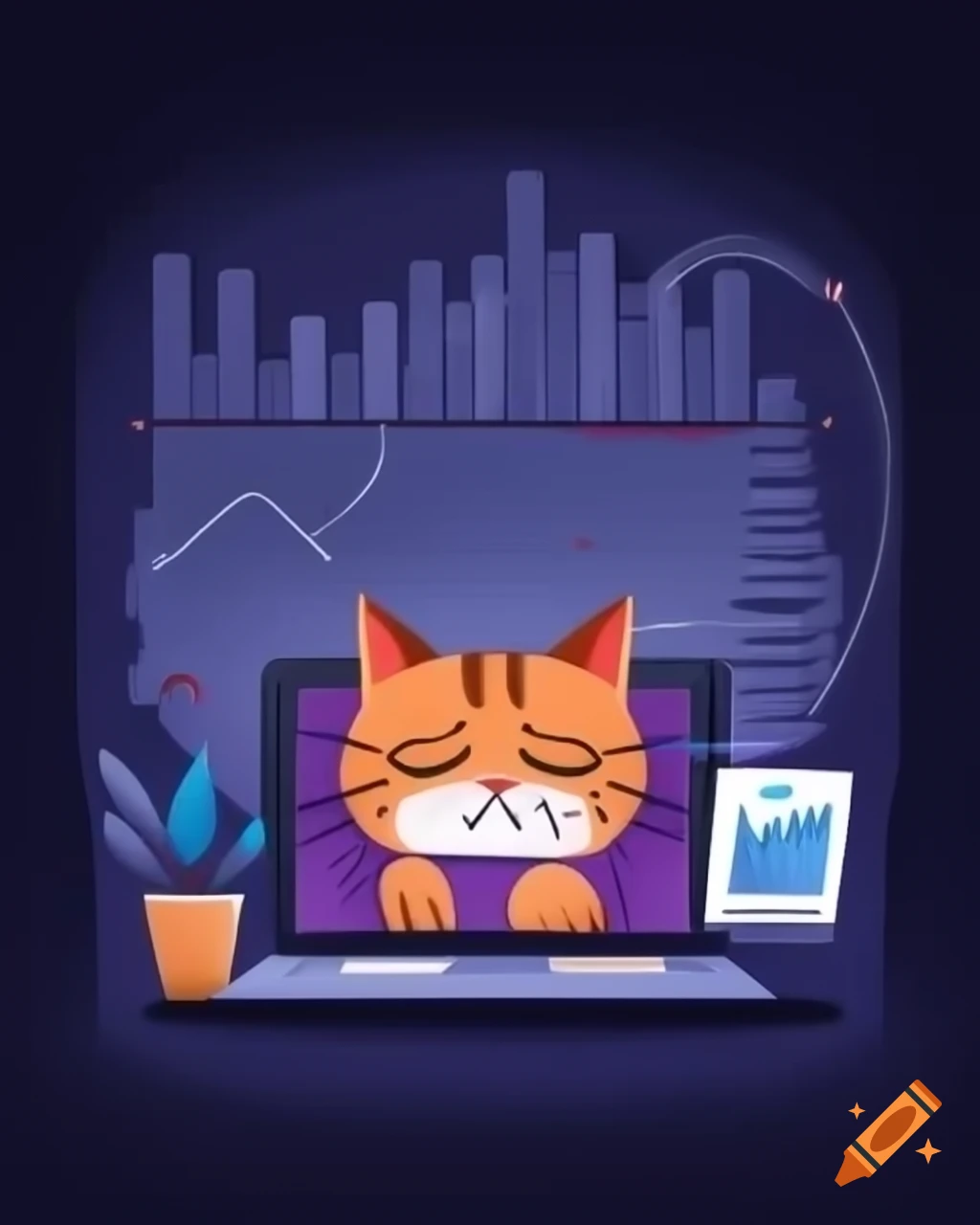 Cat crying in front of laptop displaying statistical graphs on Craiyon