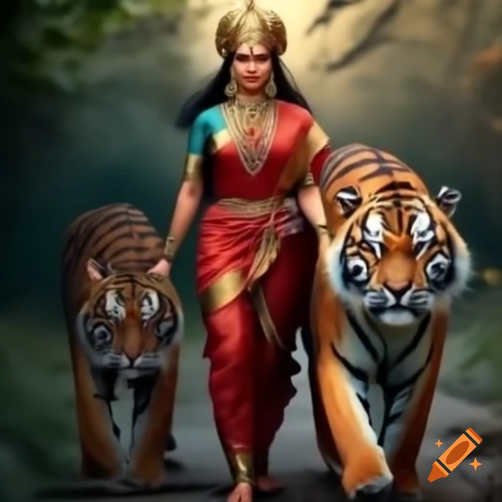 Hindu goddess Devi walking with tiger on Craiyon