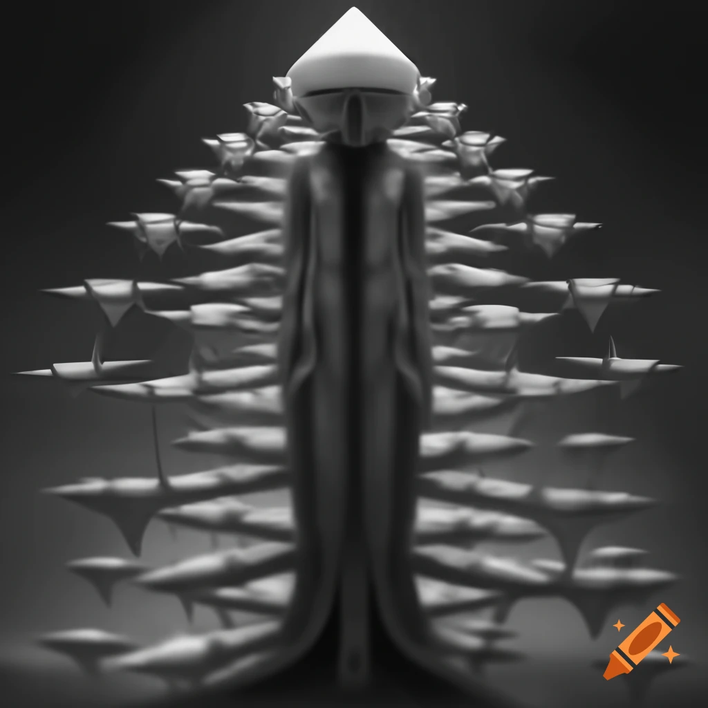Lanky humanoid with polygonal body and triangular head in monochrome ...