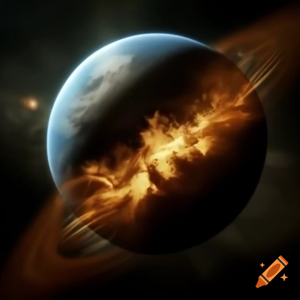 Golden men and angels amidst a scene of planetary destruction on Craiyon