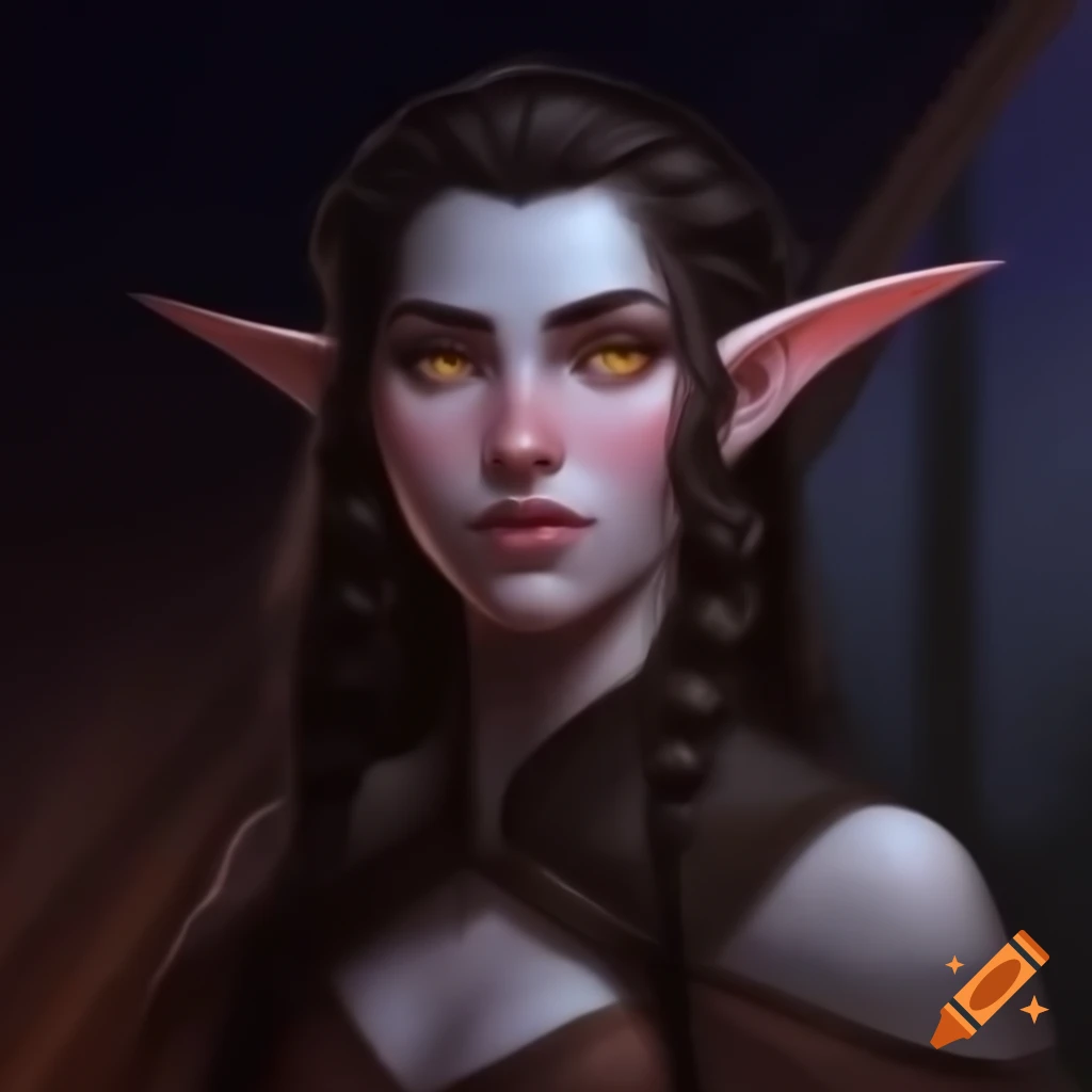 Elf-like young woman with long dark braided hair and amber eyes gazing ...