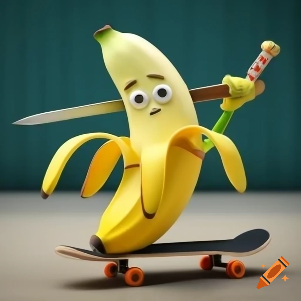 Skateboarding banana wielding a sword, whimsical design on Craiyon