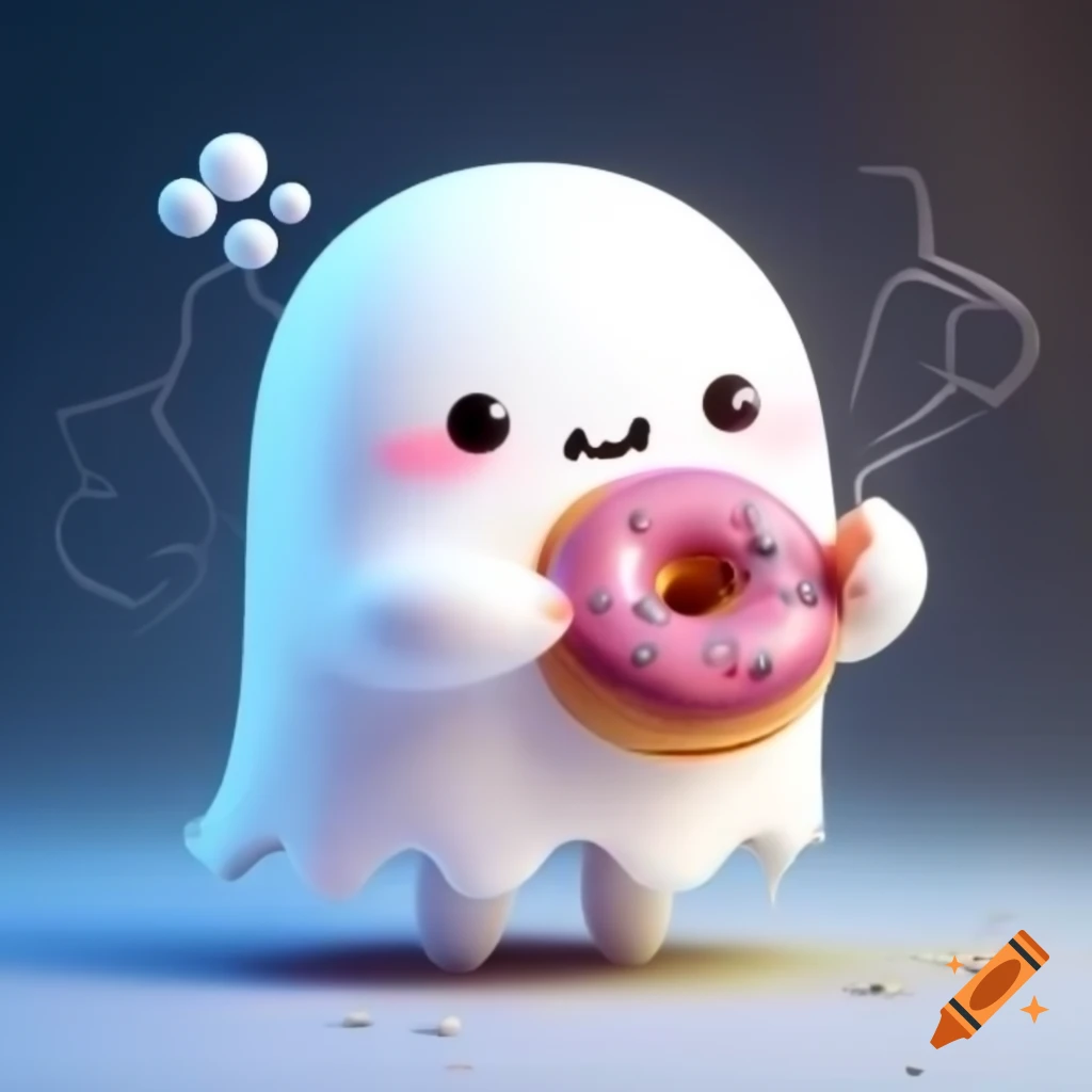 Cute ghost eating donut in cartoon style with simplified shapes and ...