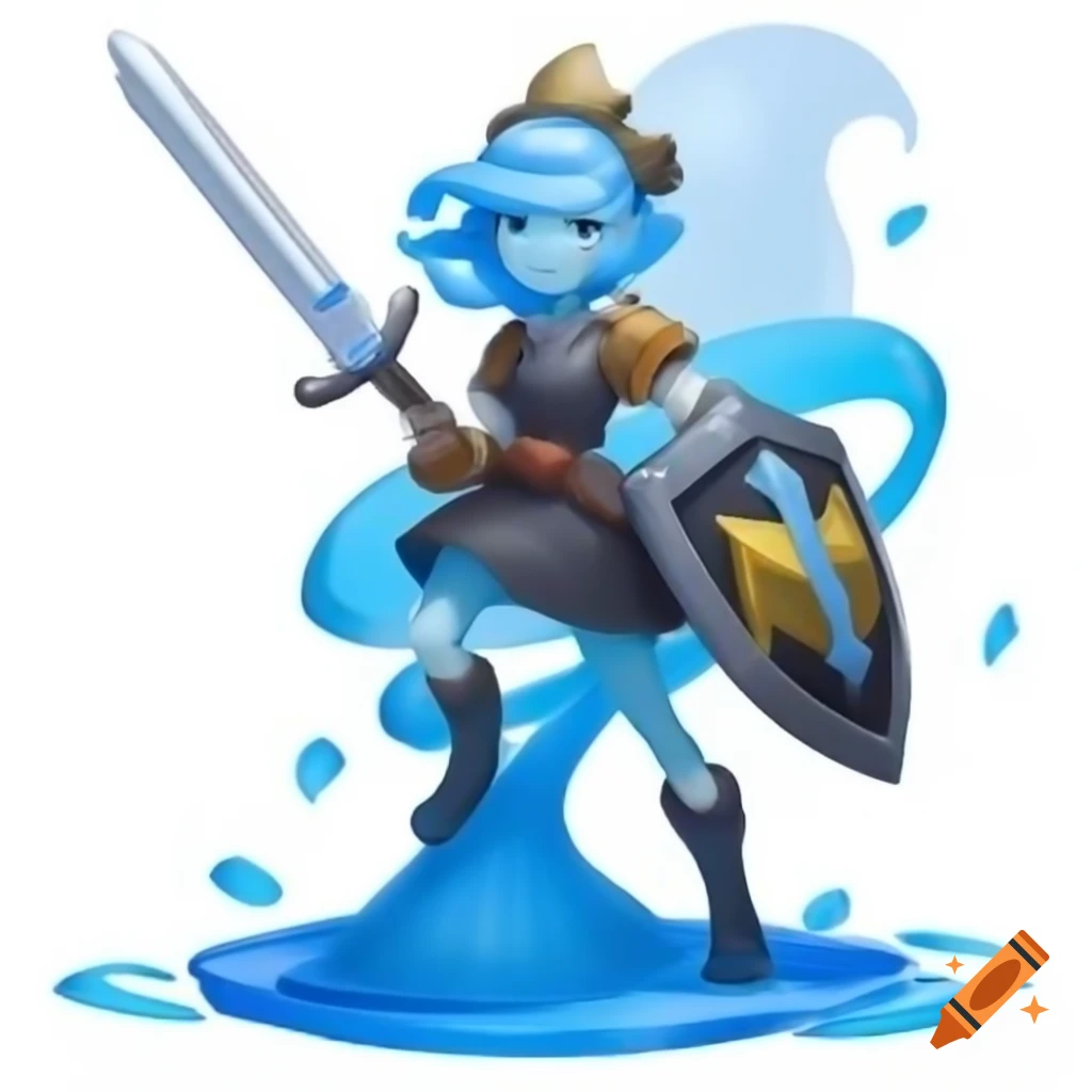 Transparent slime character armed with shield and sword, prepared for battle on Craiyon