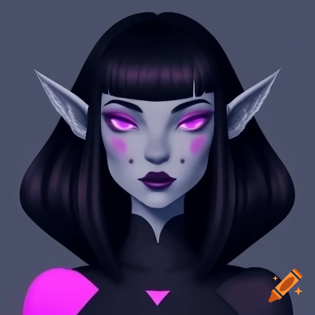 Warlock character with grey skin, black hair, and purple eyes on Craiyon