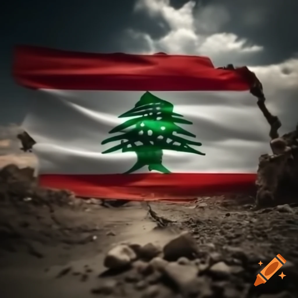 Lebanese flag waving in wasteland, symbolizing resilience and hope on ...
