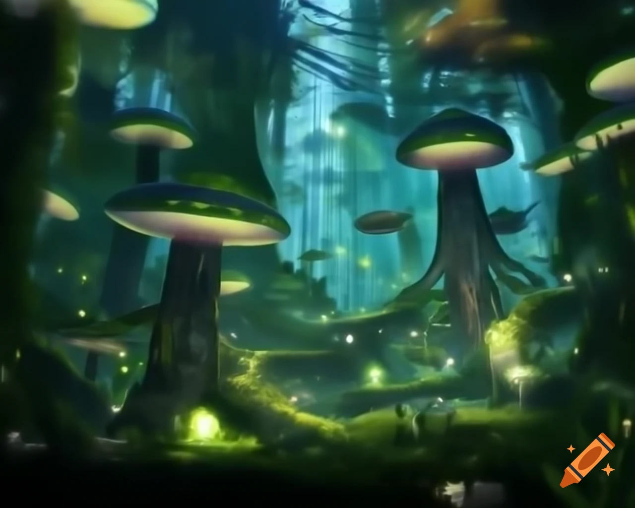 Surreal biopunk forest with glowing trees merging nature and technology ...