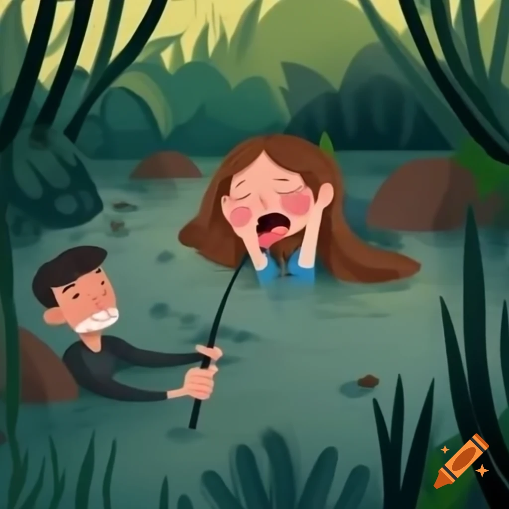 Emotional scene of woman crying in pond while man laughs fishing on Craiyon