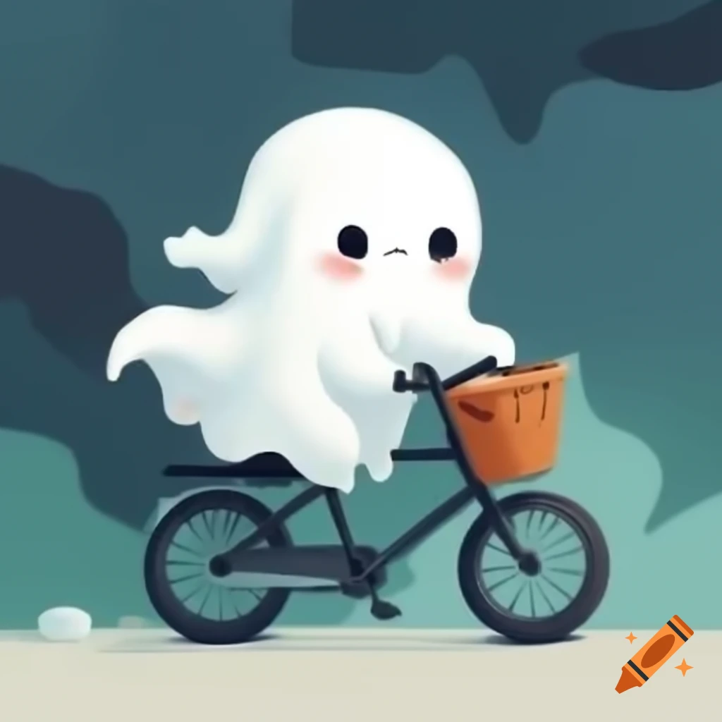 Cute ghost riding a bike in cartoon illustration style with simplified ...