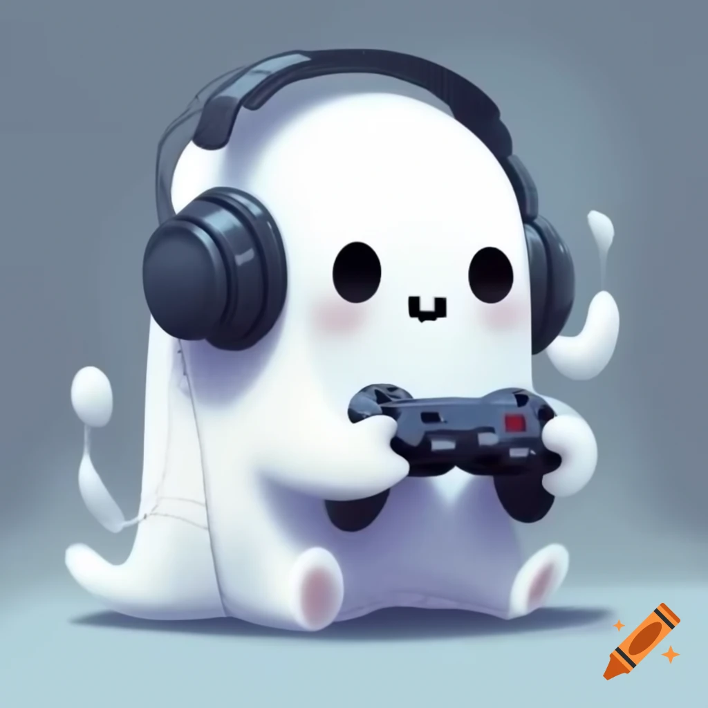 Cute cartoon ghost with gamepad and headset, simplified shapes and soft ...