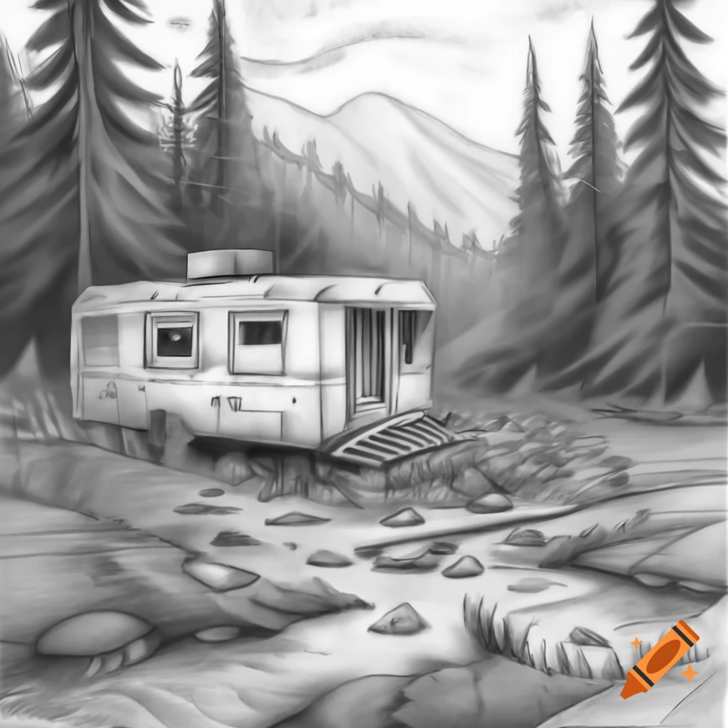 Pencil sketch of dilapidated mobile home in forest with river and ...