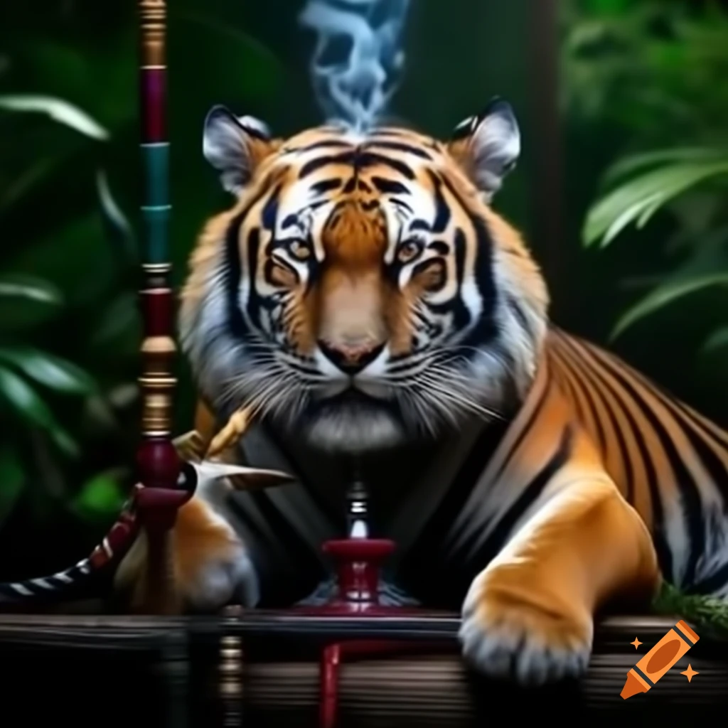 Tiger smoking hookah in jungle, inspired by douanier rousseau on Craiyon