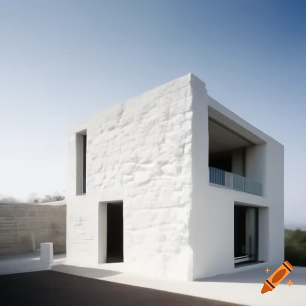 Modern duplex villa with white stone facade and tall windows on Craiyon