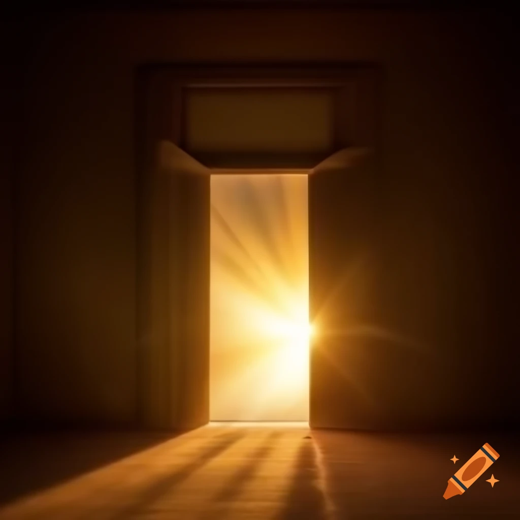 Golden light spilling through an open doorway illuminating dust particles on Craiyon