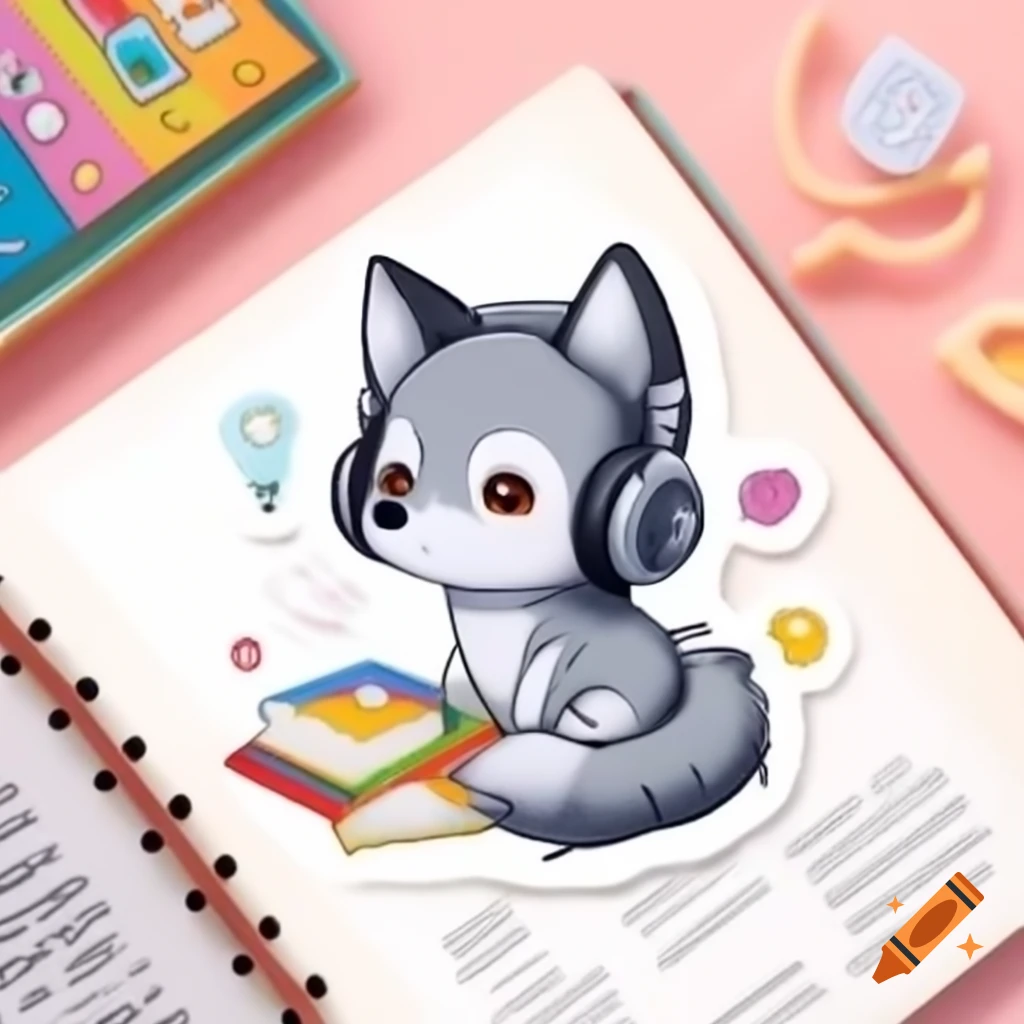 Cute wolf with headphones studying at a table with a book on Craiyon