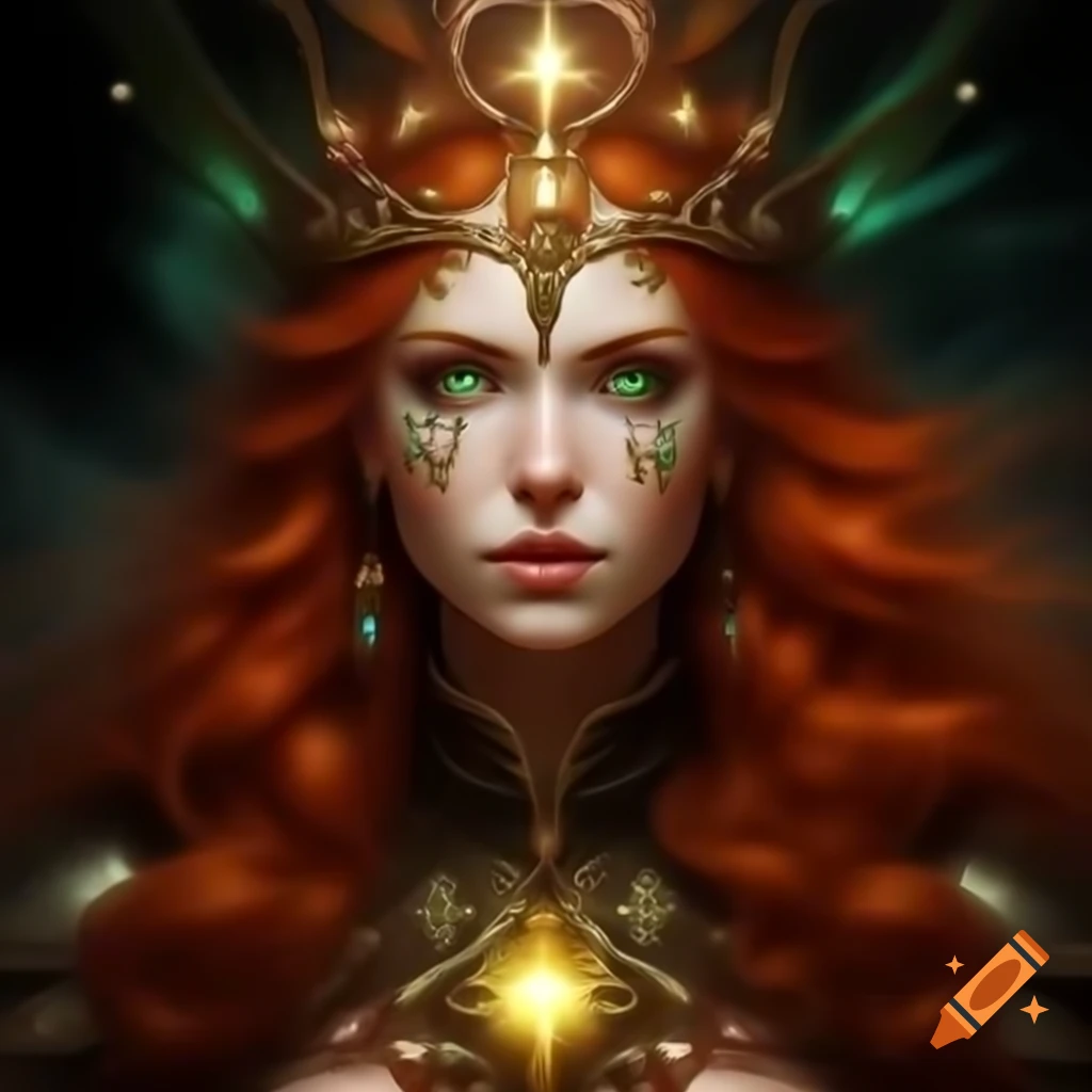 Lifelike fantasy female warrior queen with long wavy red hair and ...