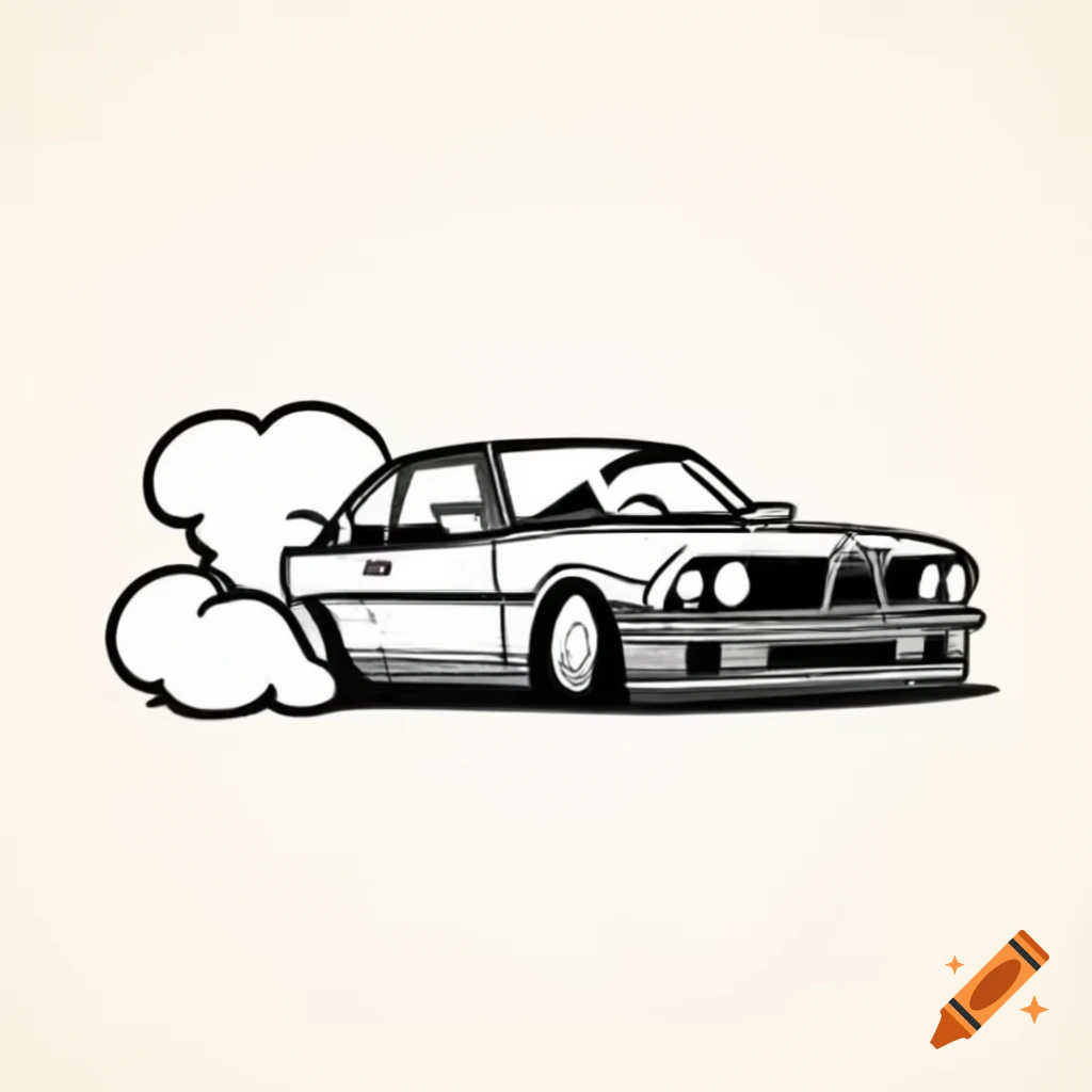 Cartoon illustration of BMW E39 with smoke from exhaust, fine line ...