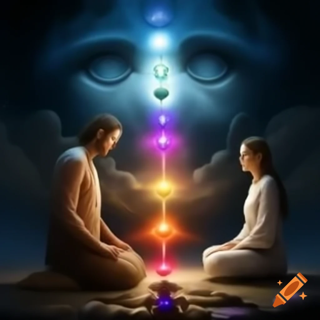 Sacred man and woman seated cross-legged with illuminated chakras and ...