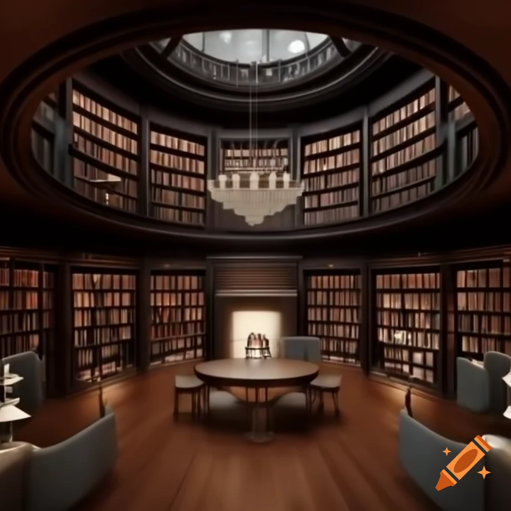 Elegant circular library with dark wood floor and marble features on ...