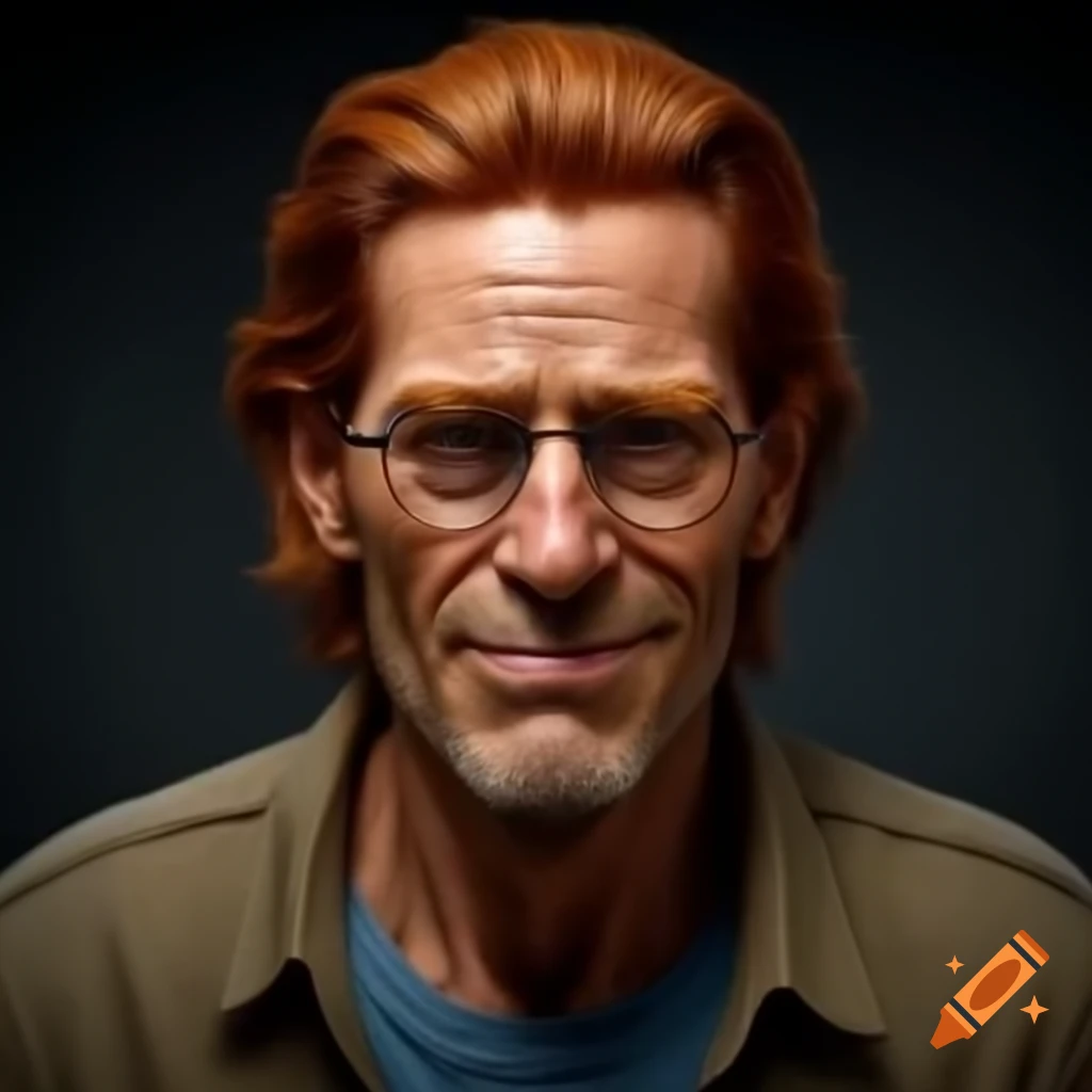 Handsome man with confident smile and rimless glasses, touseled auburn ...