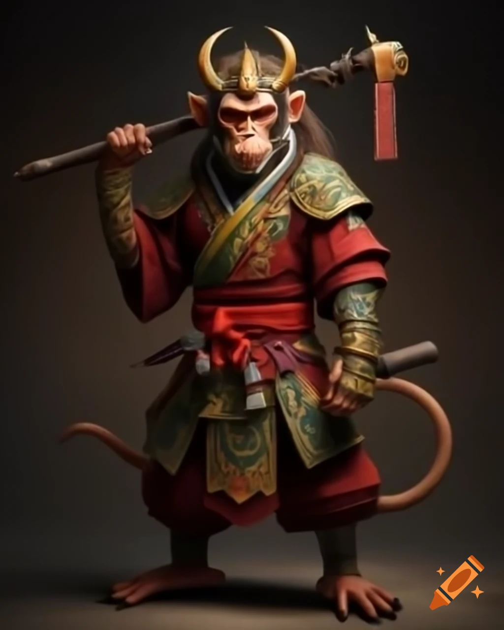 Sun Wukong, the Monkey King, with oni horns in Asian robes wielding bo ...