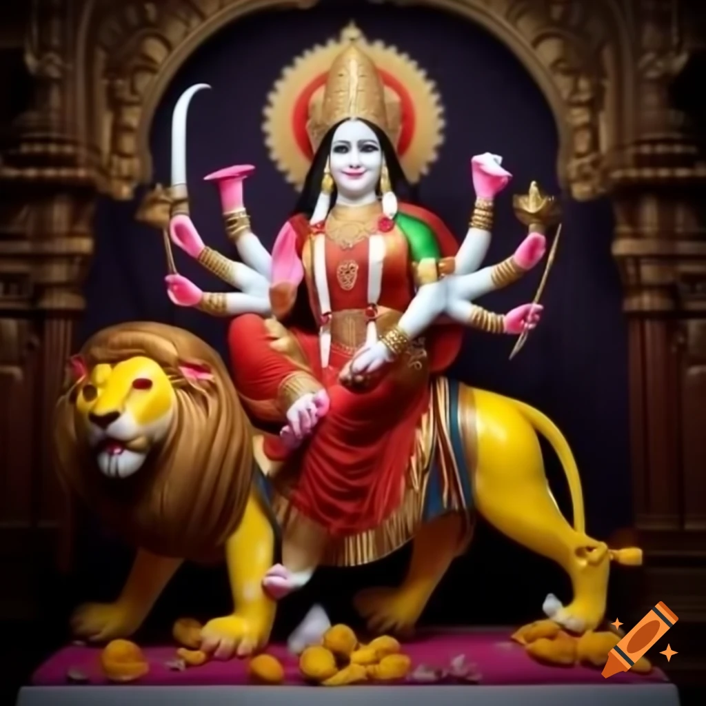 Devi mata durga seated on lion blessing devotees on Craiyon