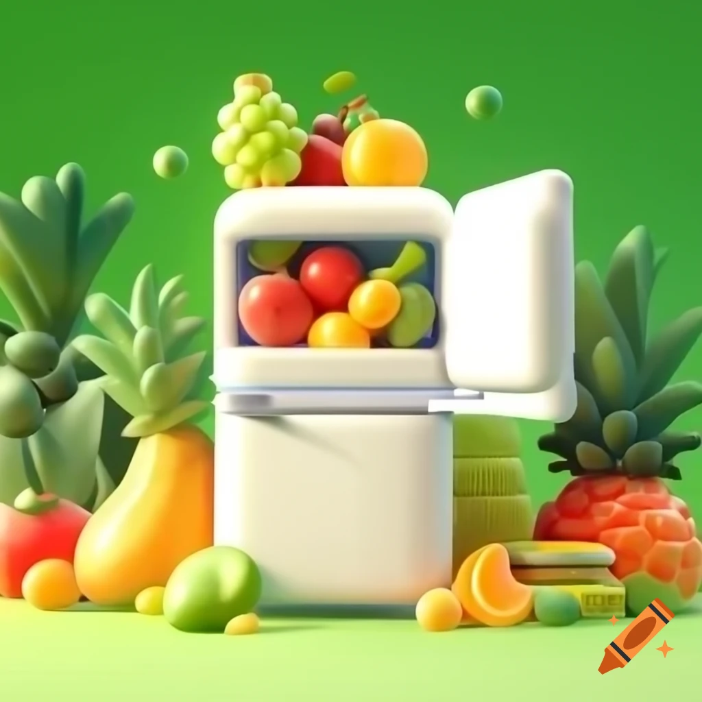 Digital illustration of small fridge filled with fruits and coins on ...