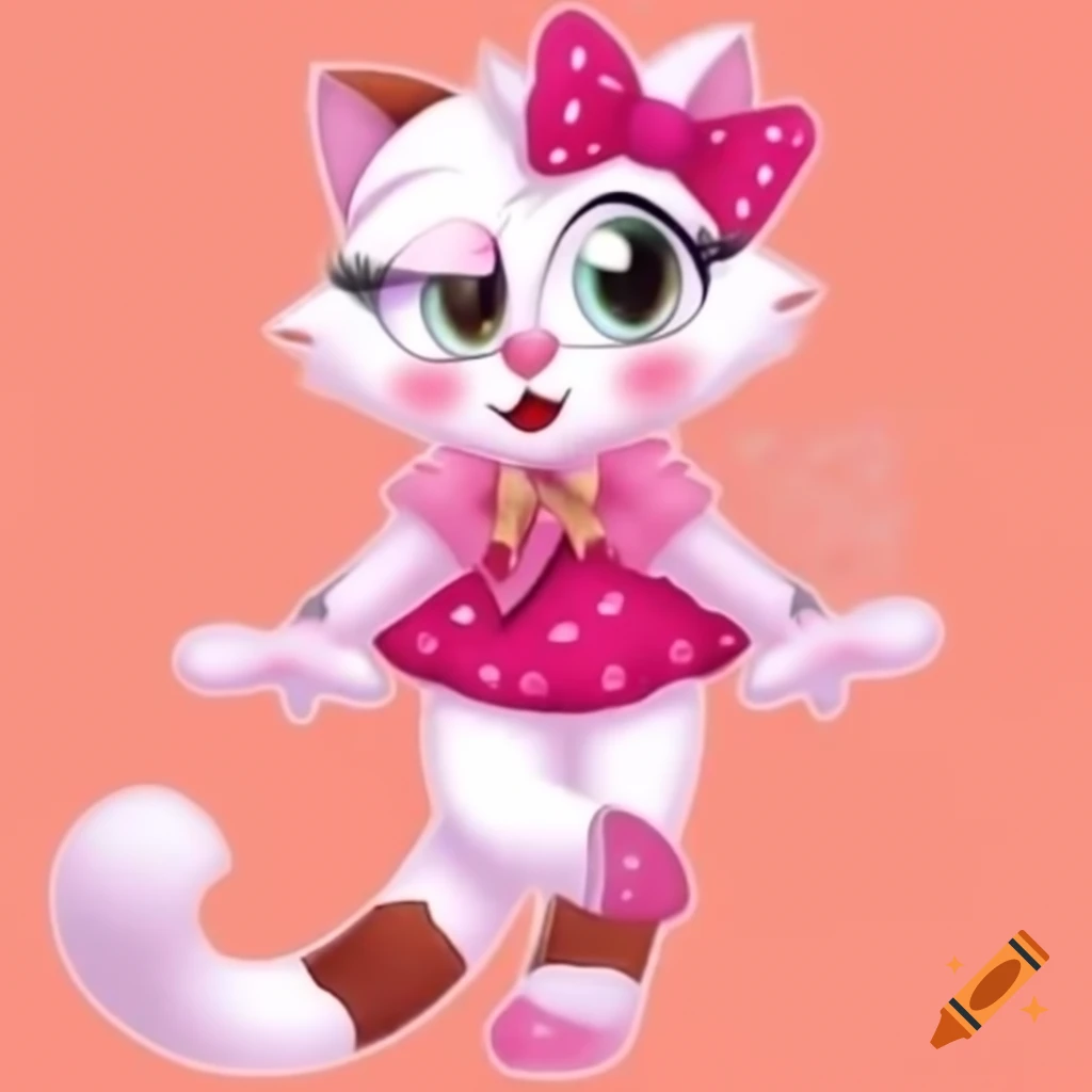 1970s cartoon cute anthro cat in pink polka-dotted outfit on Craiyon