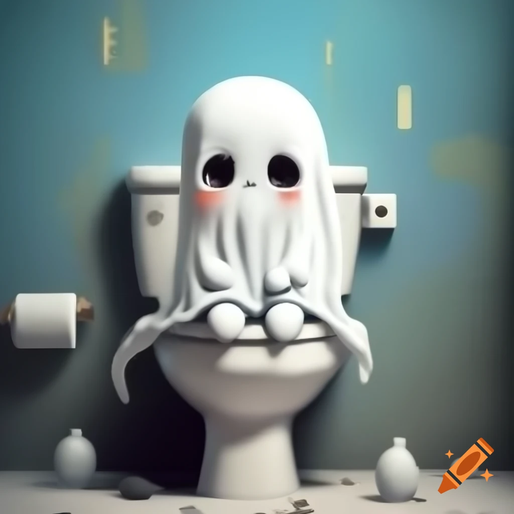 Cute cartoon ghost sitting on toilet, simplified shapes and soft colors ...