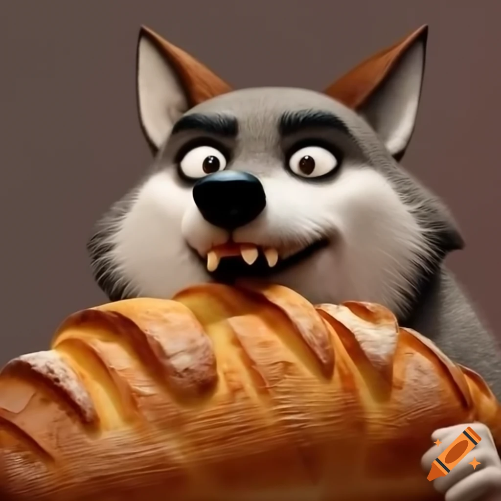 Wolf carrying bread in its mouth, comic style on Craiyon