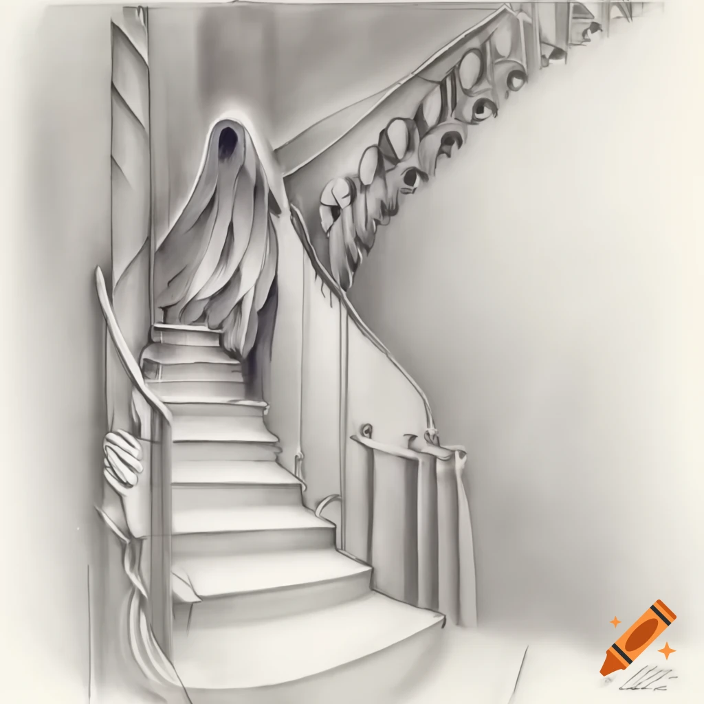 Pencil sketch of ghostly woman on victorian spiral staircase on Craiyon
