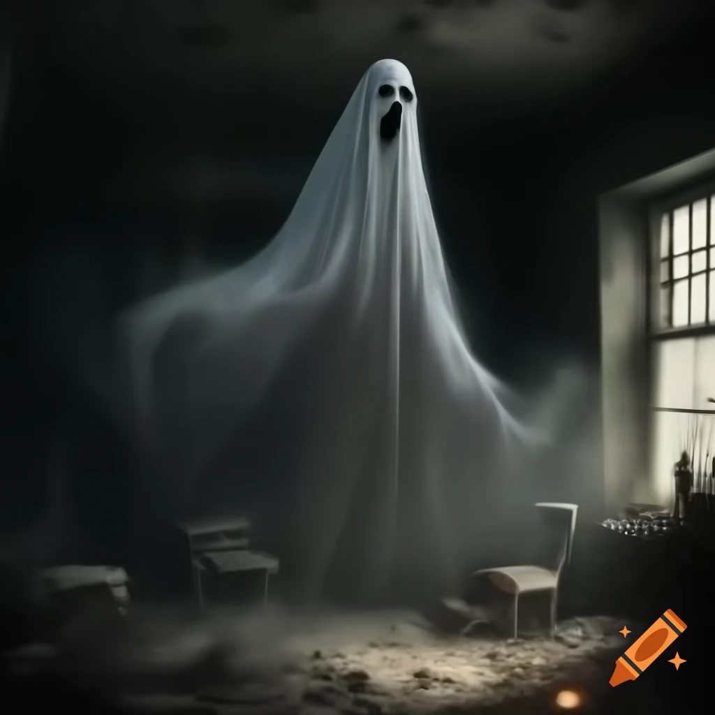 Ghostly figure floating in abandoned house interacting with furniture and candle on Craiyon