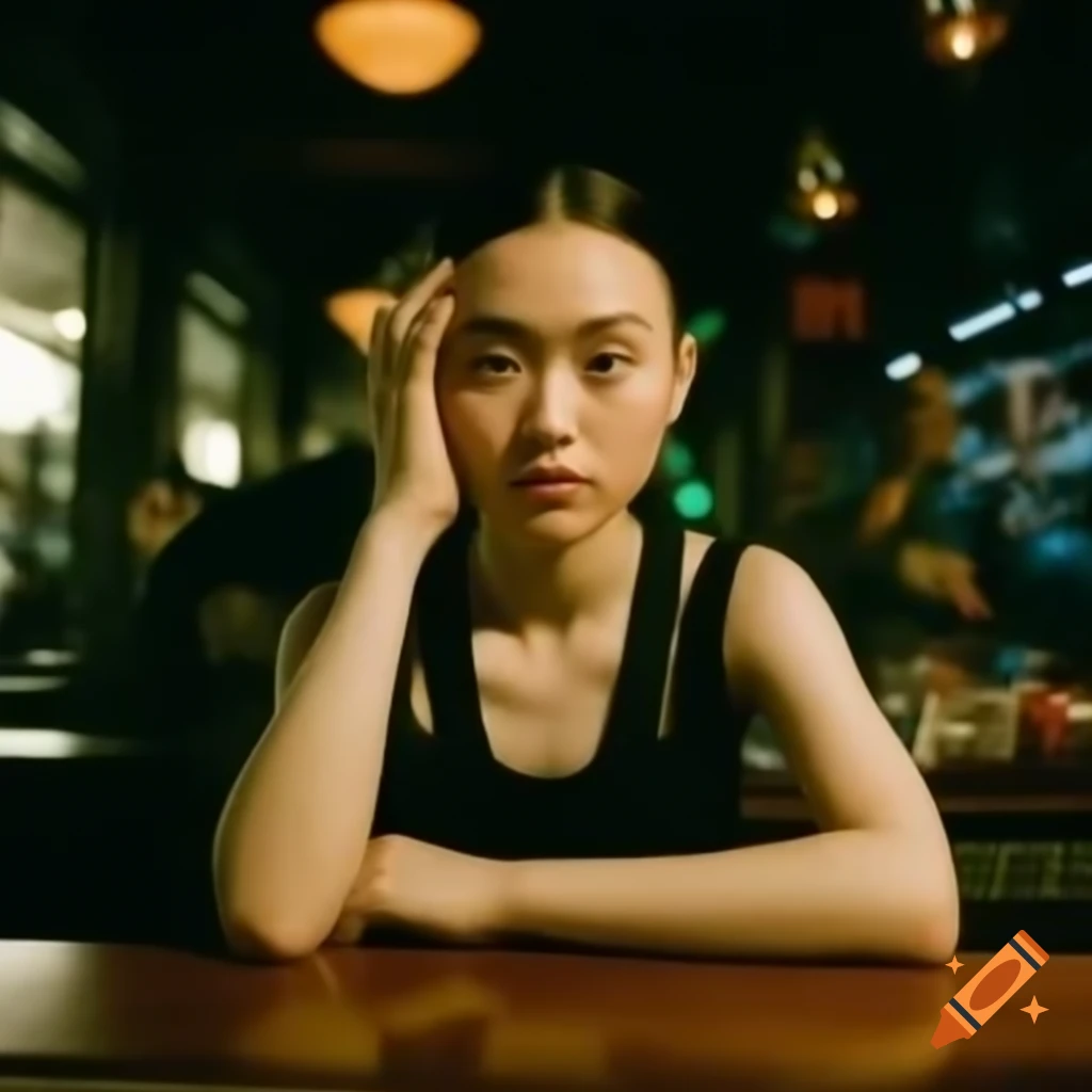 30-year-old Asian woman resembling Imogen Poots sitting at a bar on Craiyon