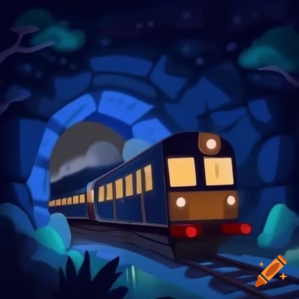 Cartoon train entering tunnel at night on Craiyon