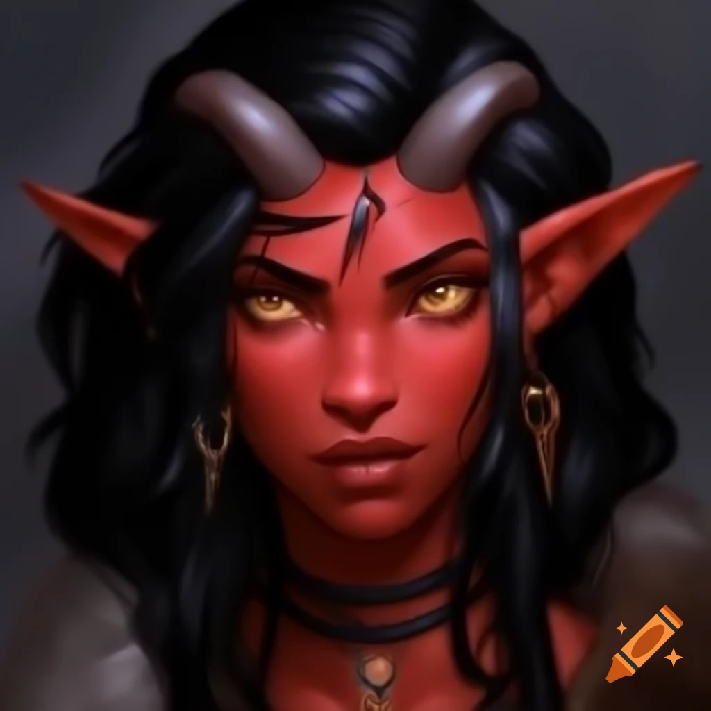 Portrait of female tiefling with red skin, horns, heterochromia, and black hair in fantasy ...