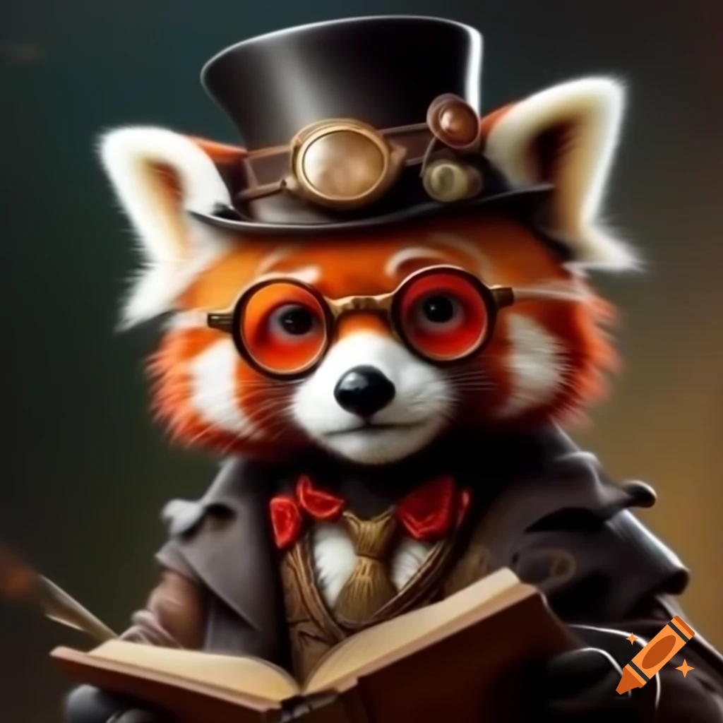 Steampunk red panda wearing glasses and top hat in front of a notebook ...