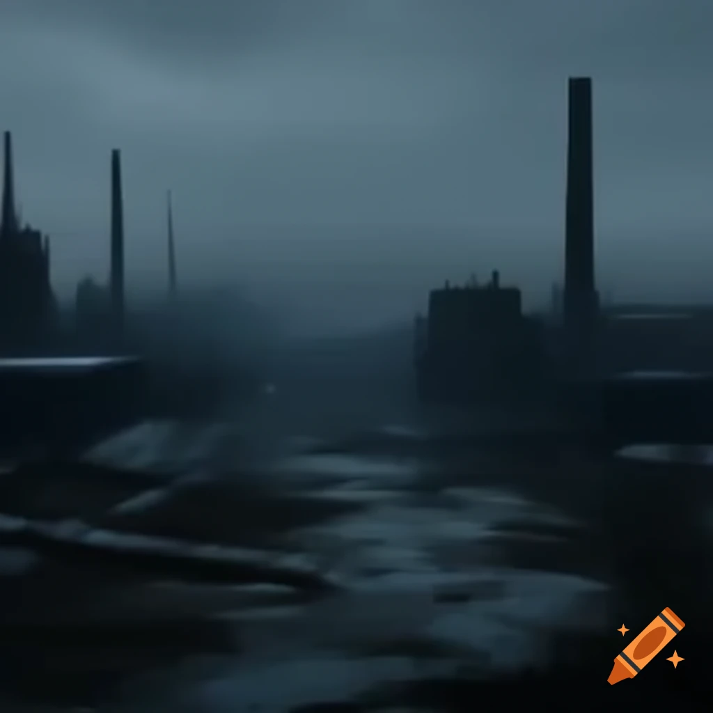 Desolate industrial complex in bleak landscape with raging storms on ...