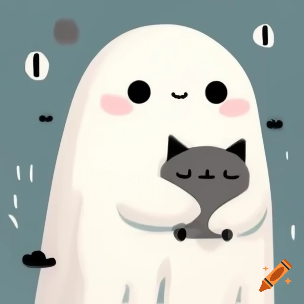 Cartoon illustration of cute ghost holding a cat with simplified shapes ...