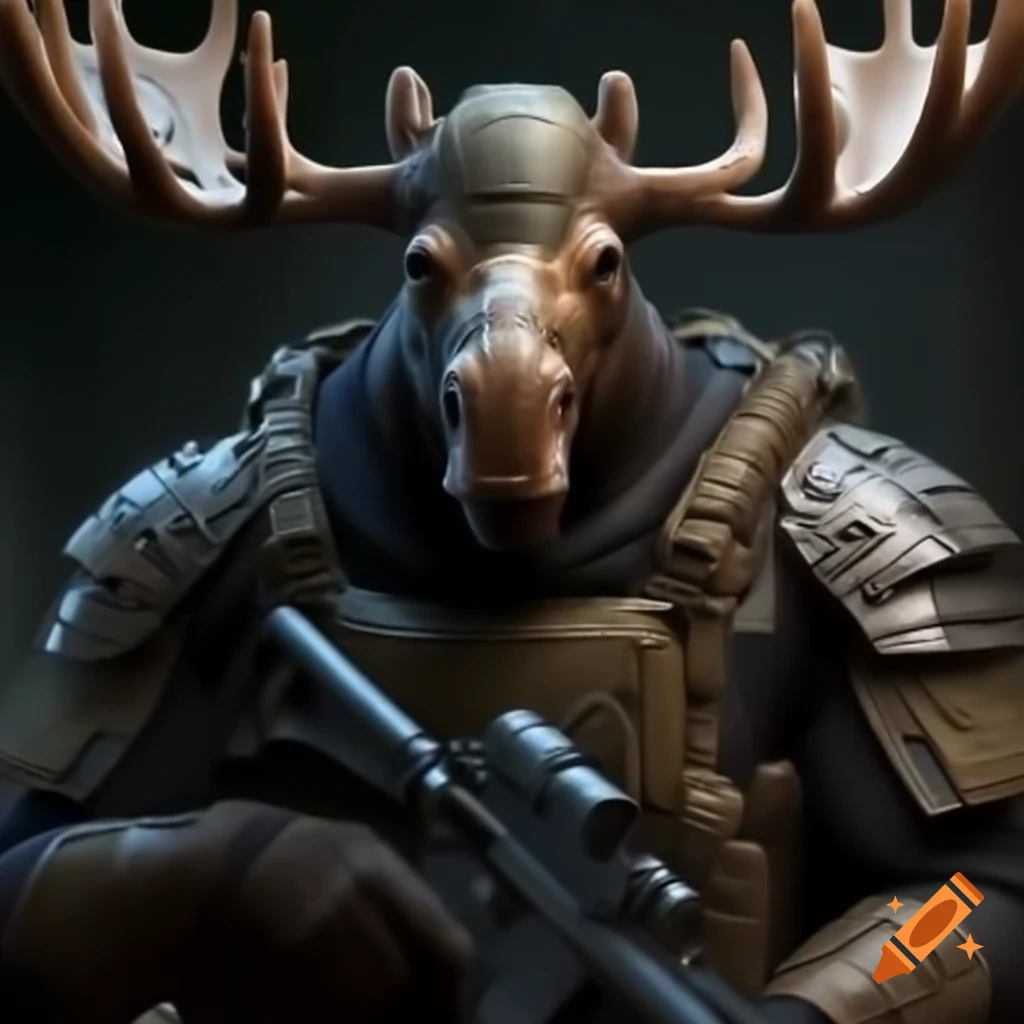 Tactical moose in body armor and military helmet holding an AR weapon ...