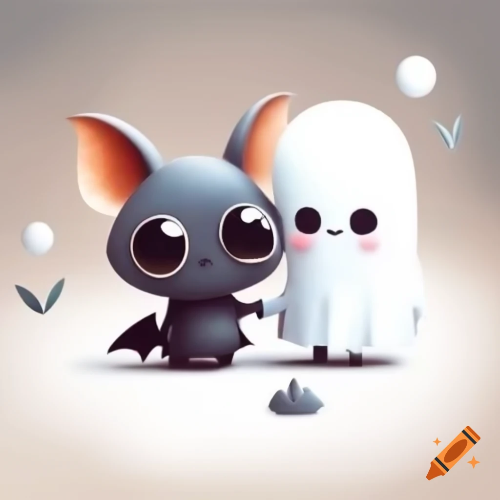 Cute bat and ghost holding hands in cartoon illustration style on Craiyon