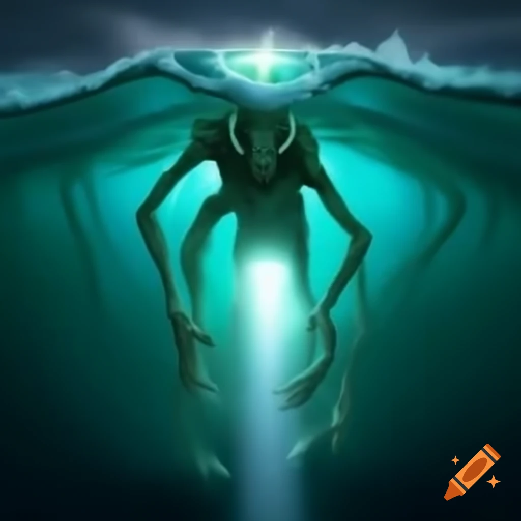 Alien-themed scene with green light and ocean waves under triple ...