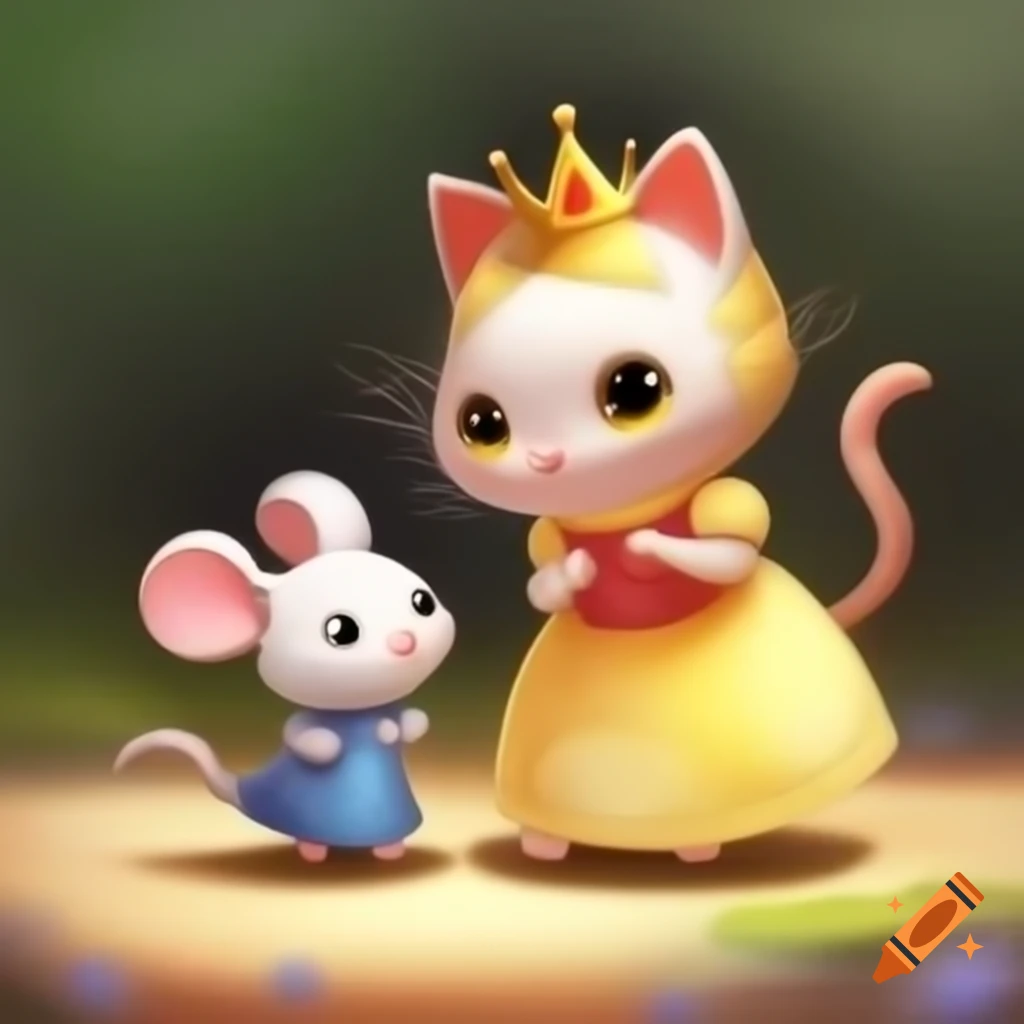2D art featuring a cat princess and her little mouse companion on Craiyon