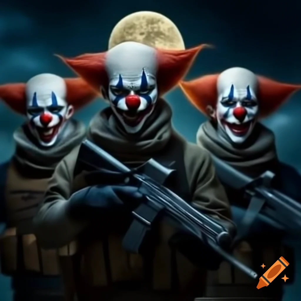 Trio of clowns in tactical gear with moon backdrop on Craiyon