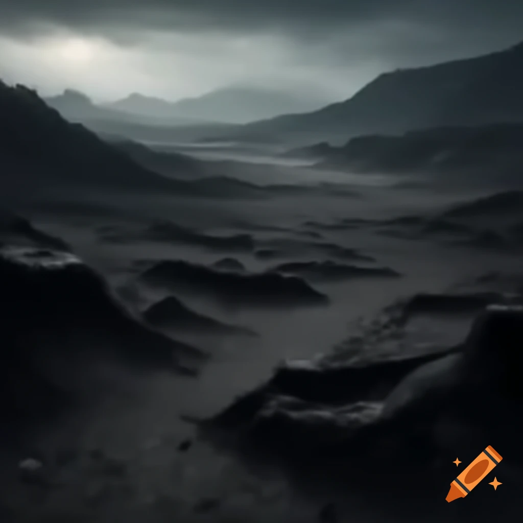 Foreboding exoplanet wasteland with rugged terrain and dark skies on ...