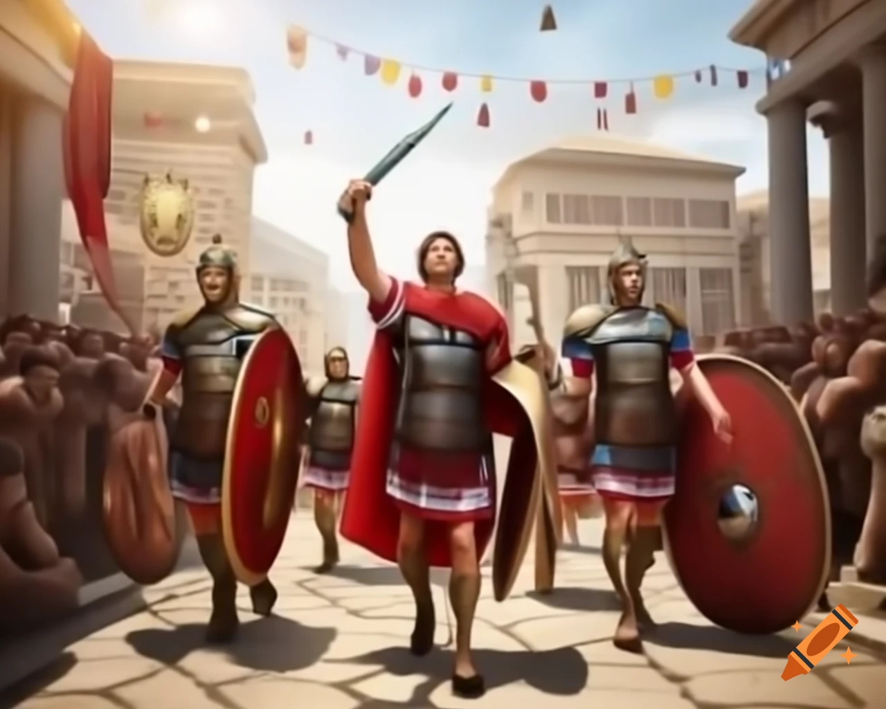 Bustling roman town celebrating victorious soldiers with cheering ...