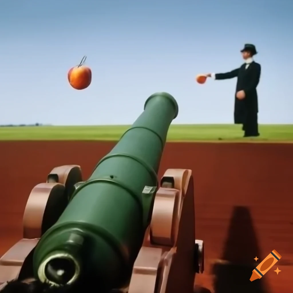 Surreal scene of cannon launching green apple at gentleman in blue ...