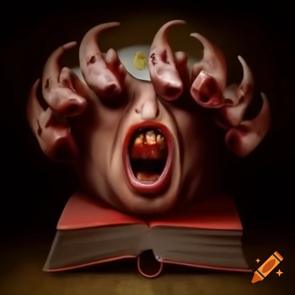 Book cover featuring grotesque face with meat helmet and bold title ...