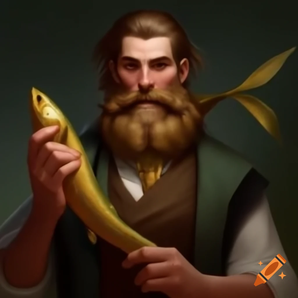 Bearded man in antique clothes holding fish with golden feathers on Craiyon