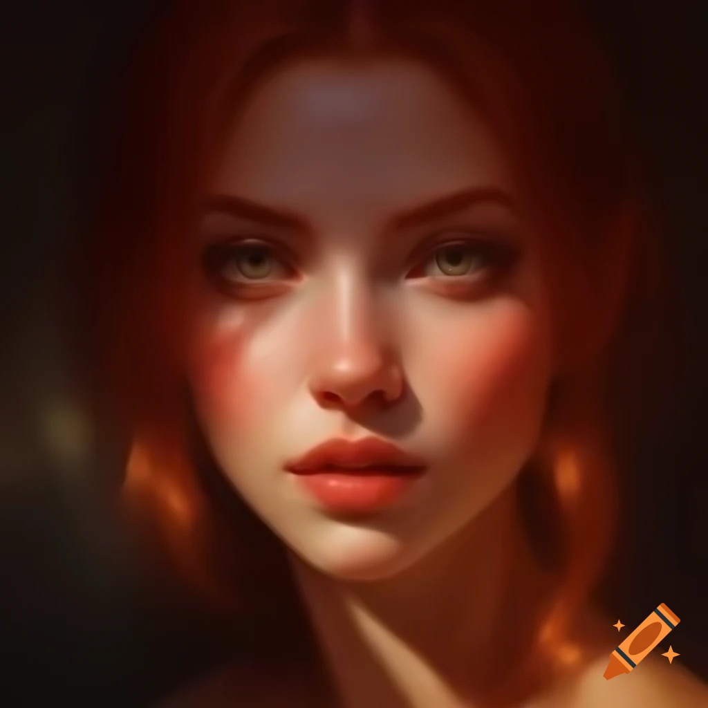 Close-up portrait of luxurious red-headed woman with light eyes in soft ...